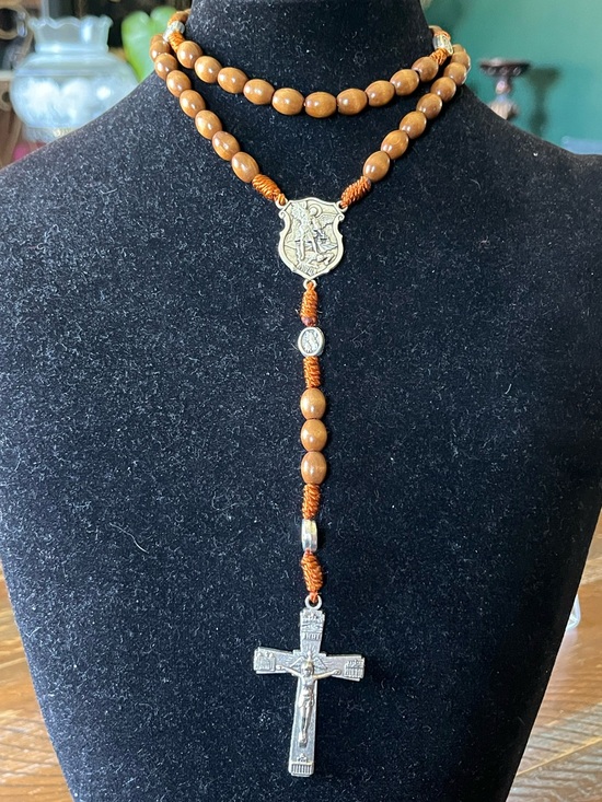 Vintage | Jewelry | Vintage Saint Michael Rosary Necklace Wood Beads ...